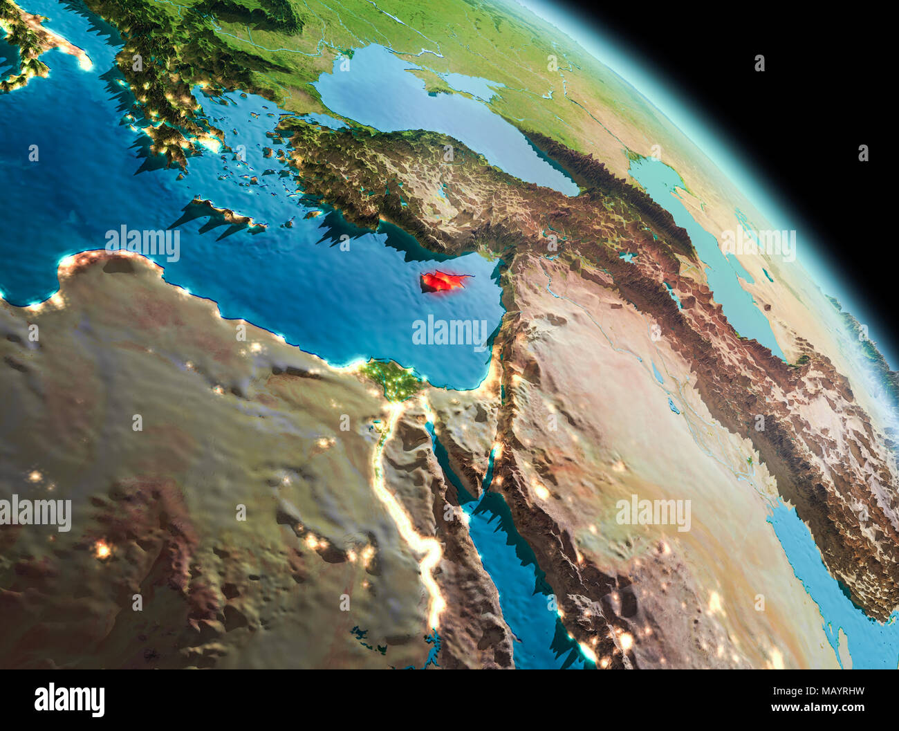 Satellite morning view of Cyprus highlighted in red on planet Earth. 3D illustration. Elements ...