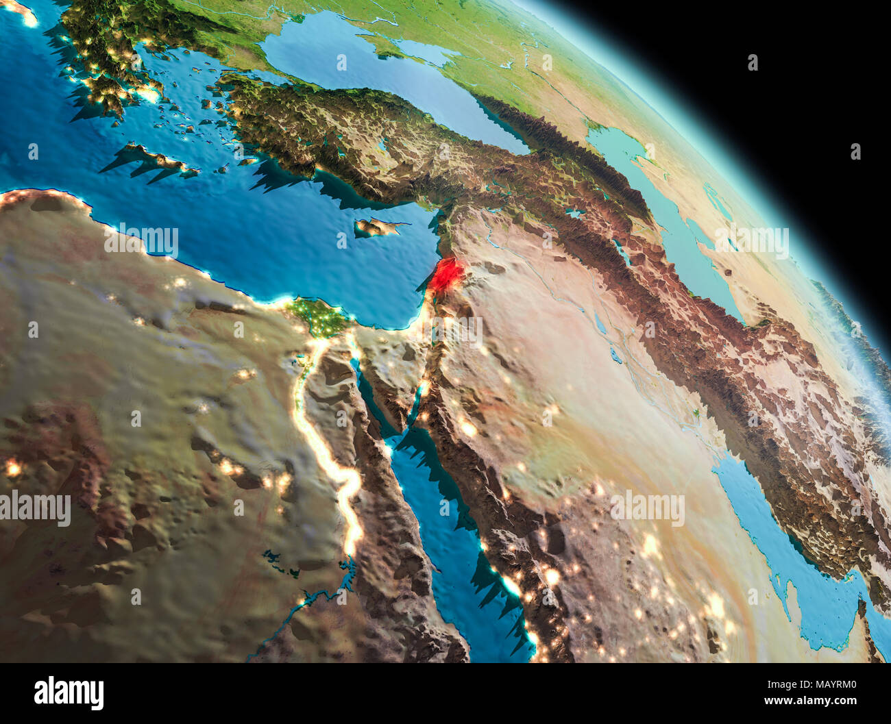 Satellite morning view of Lebanon highlighted in red on planet Earth. 3D illustration. Elements ...