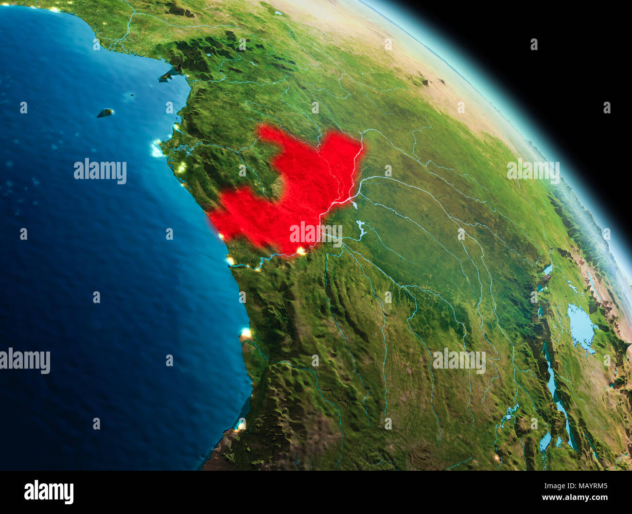 Satellite morning view of Congo highlighted in red on planet Earth. 3D illustration. Elements of ...