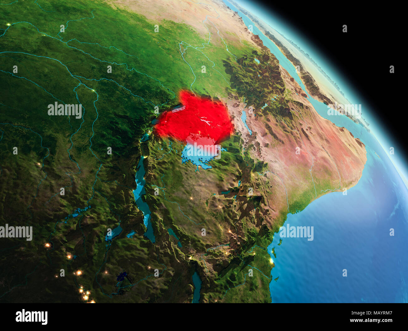Satellite morning view of Uganda highlighted in red on planet Earth. 3D illustration. Elements ...