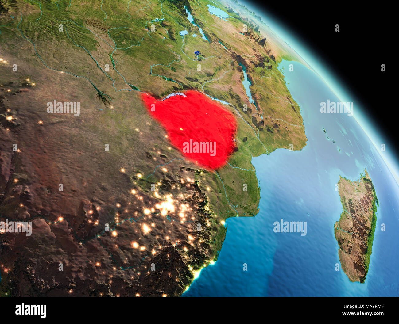Satellite morning view of Zimbabwe highlighted in red on planet Earth. 3D illustration. Elements ...