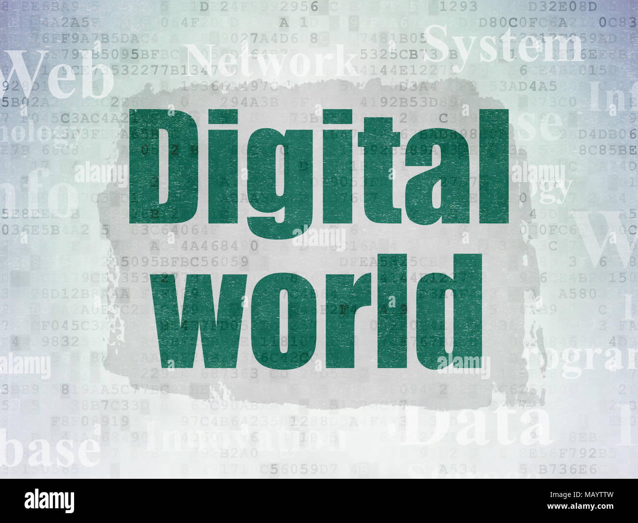 Information concept: Painted green text Digital World on Digital Data Paper background with Tag ...