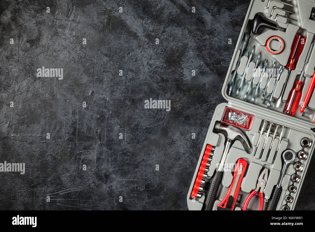 DIY Tools set box with different types of wrenches, hammer and pliers ...