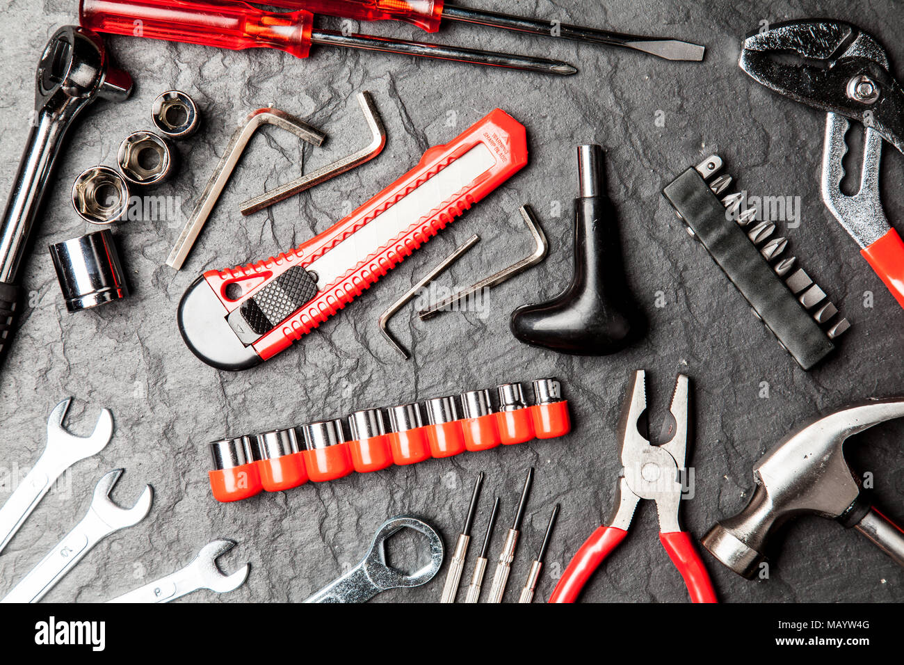 DIY Tools set with different types of wrenches, hammer and pliers Stock ...