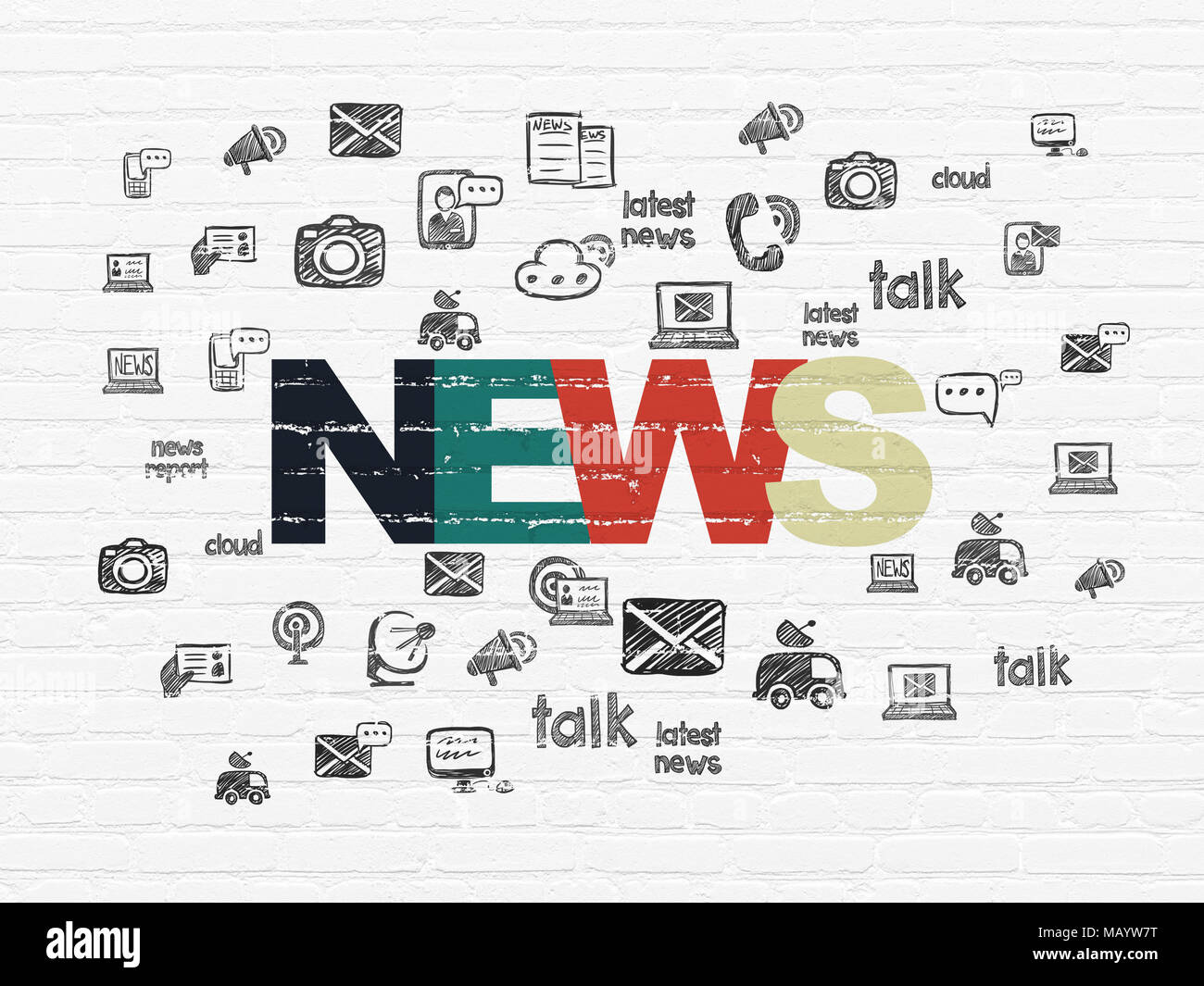News concept: Painted multicolor text News on White Brick wall ...
