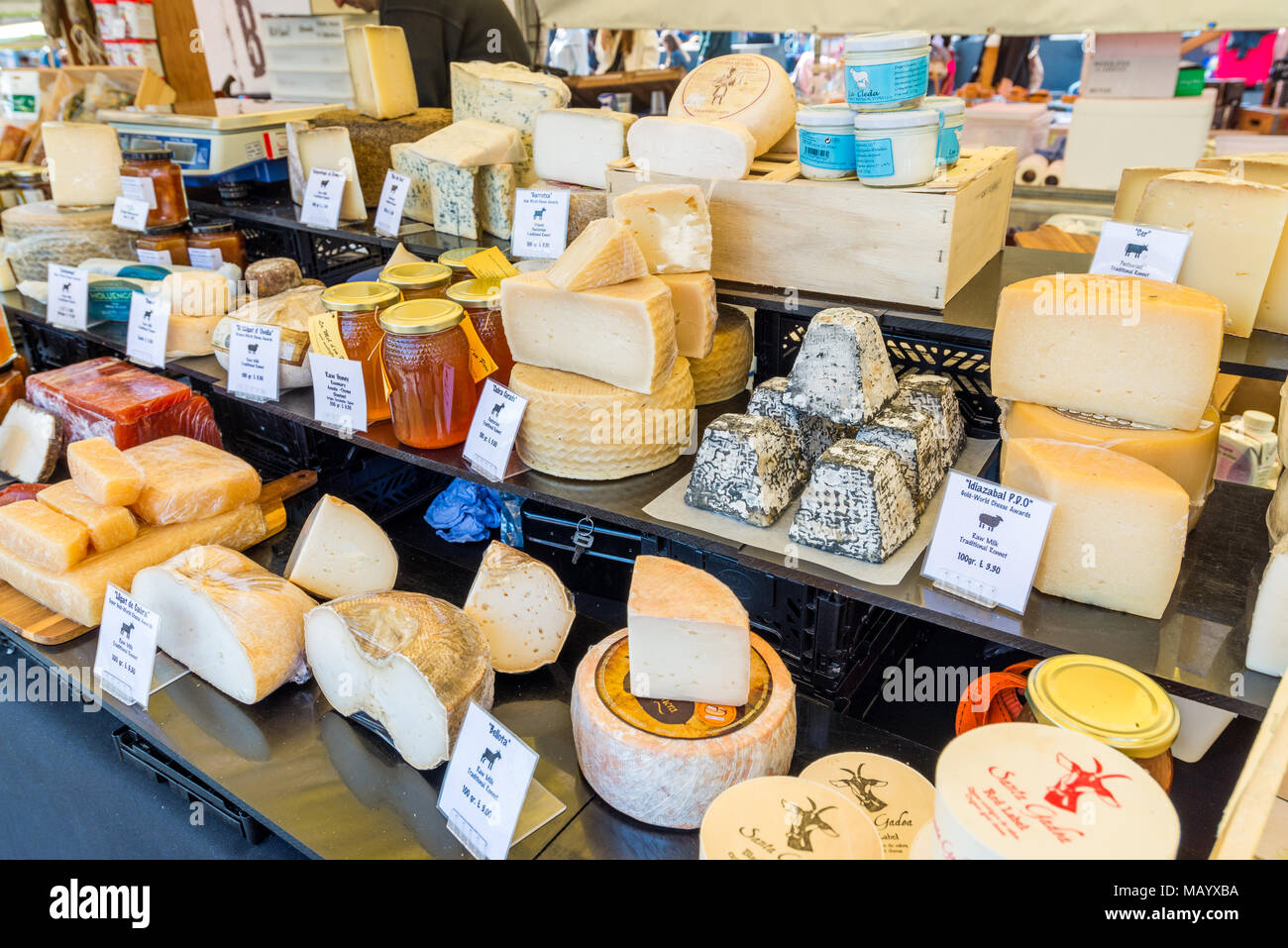 Continental cheeses for sale on market stall, London, UK Stock Photo ...