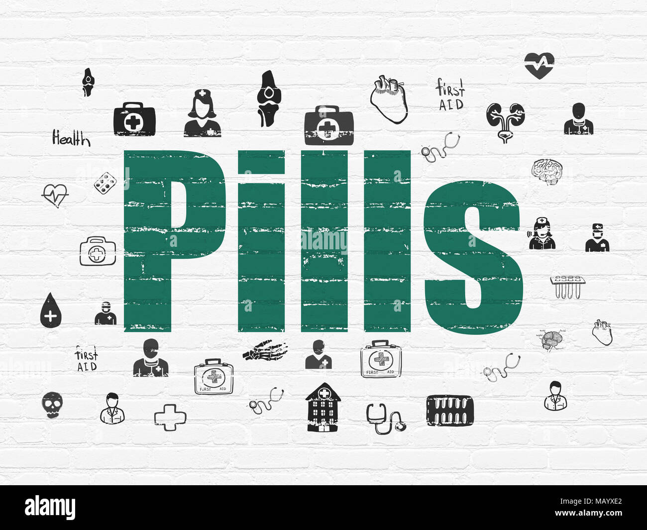 Medicine concept: Painted green text Pills on White Brick wall ...