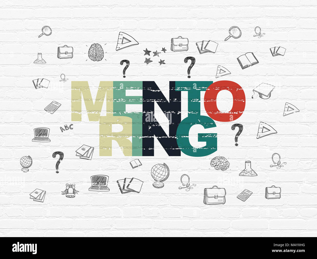 Learning concept: Painted multicolor text Mentoring on White Brick wall ...