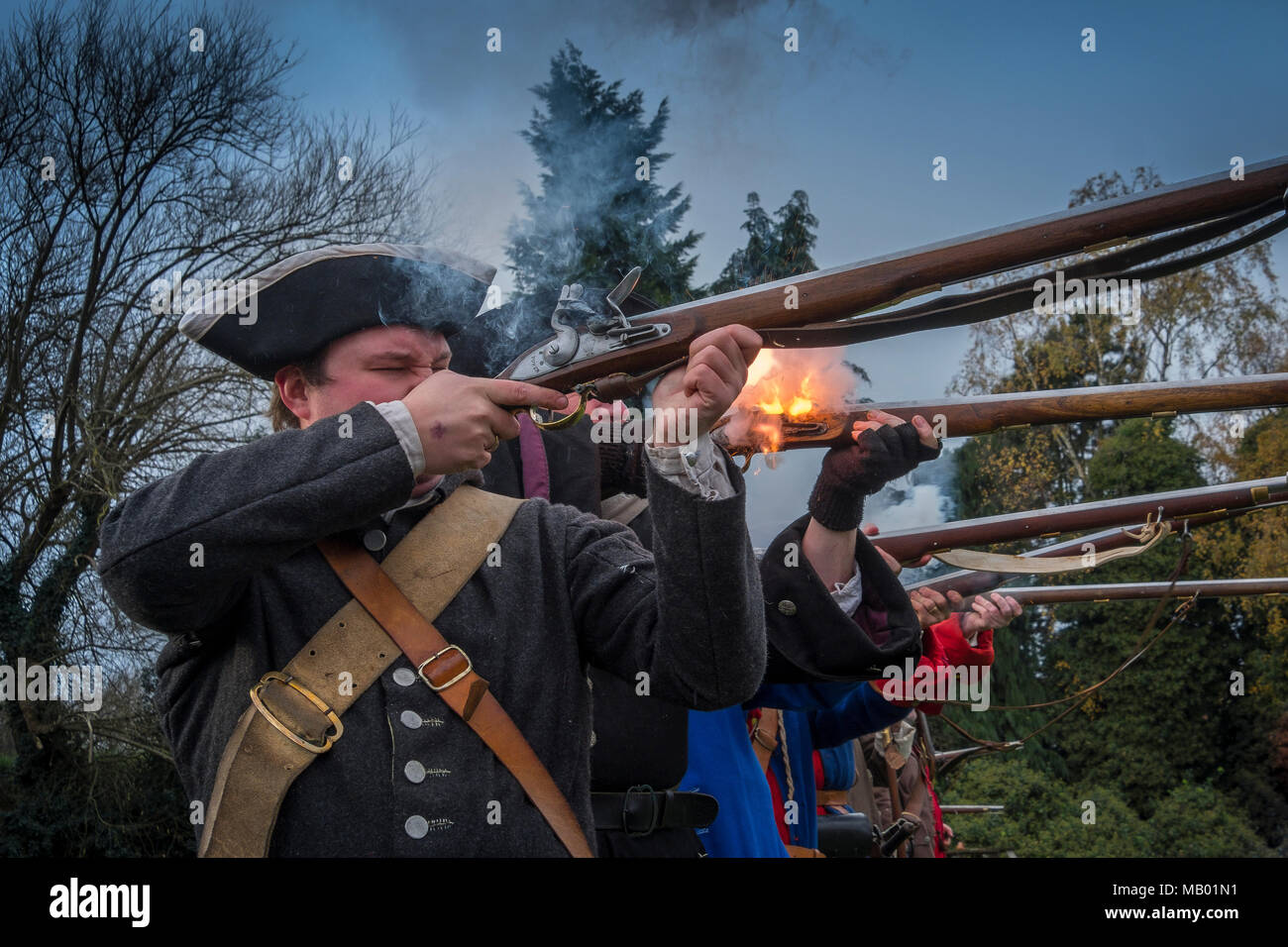 A flash in the pan as soldiers fire a volley from their Brown Bess ...