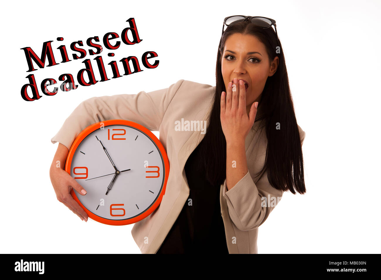 Stressed woman with big clock rushing because of being late Stock Photo ...