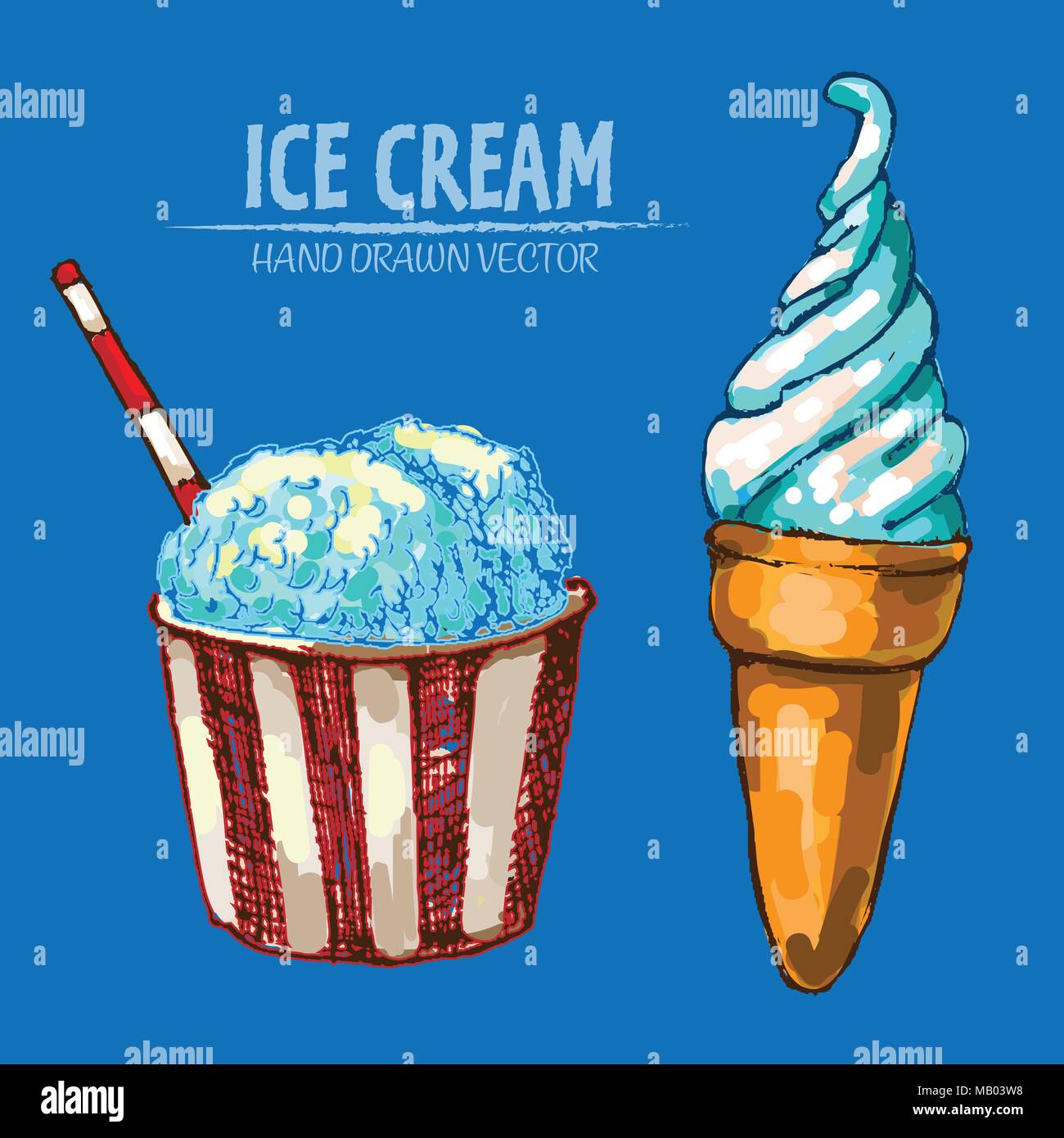 Digital vector detailed line art ice cream in cone and bowl hand drawn ...