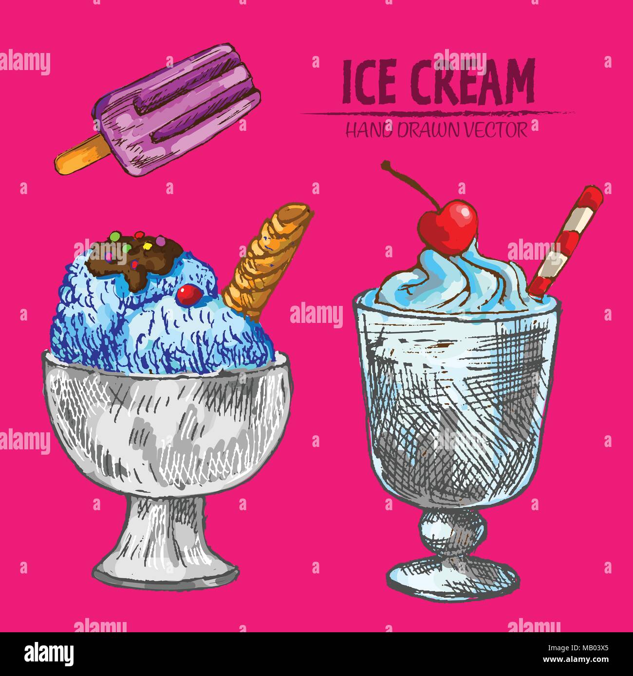 Digital vector detailed line art ice cream in random dish and hand ...