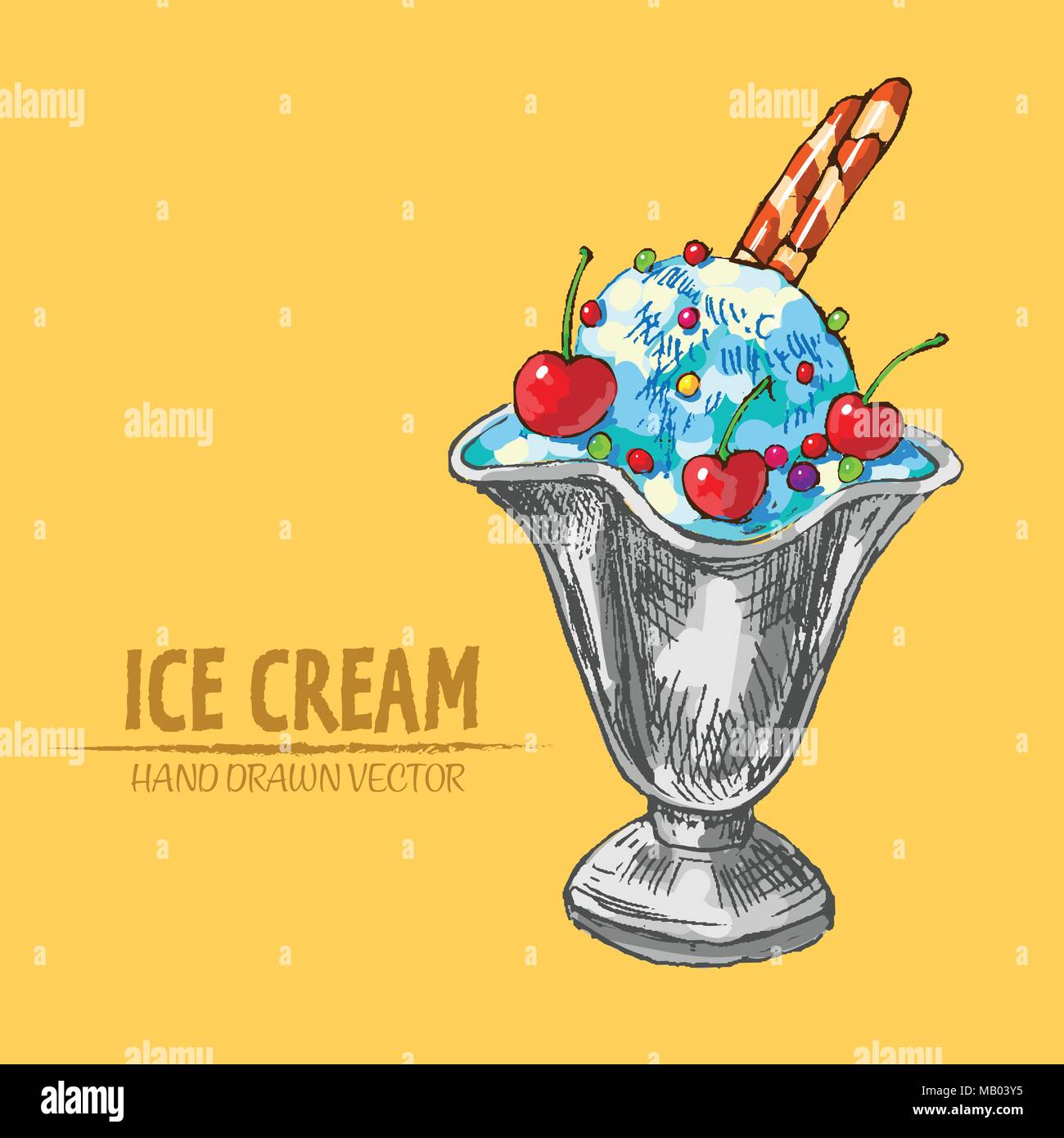 Digital vector detailed line art sundae ice cream in glass bowl hand ...