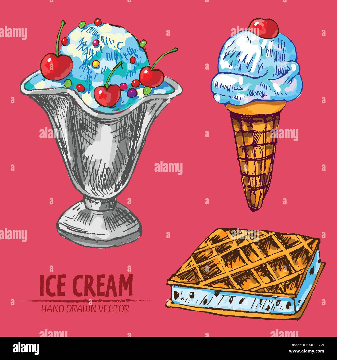Digital vector detailed line art ice cream in waffle cone and bowl hand ...