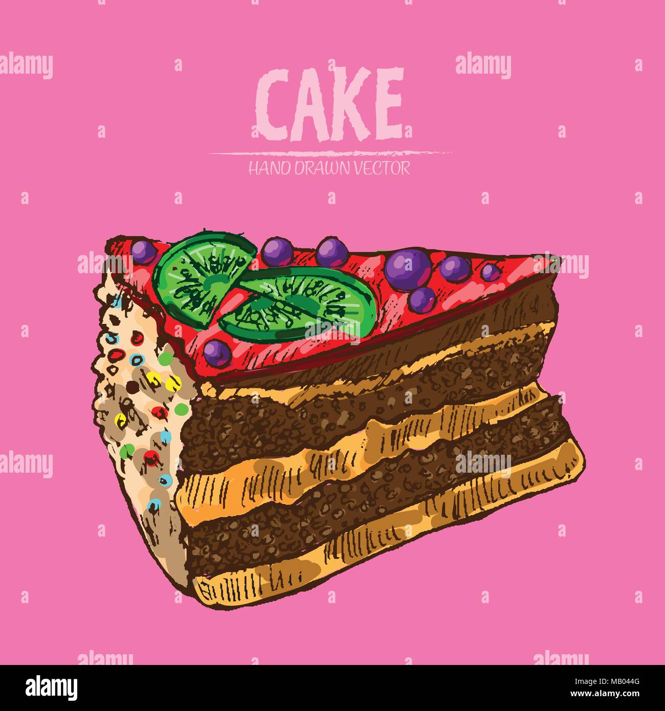 Digital vector detailed line art slice of cake with fruits hand drawn ...
