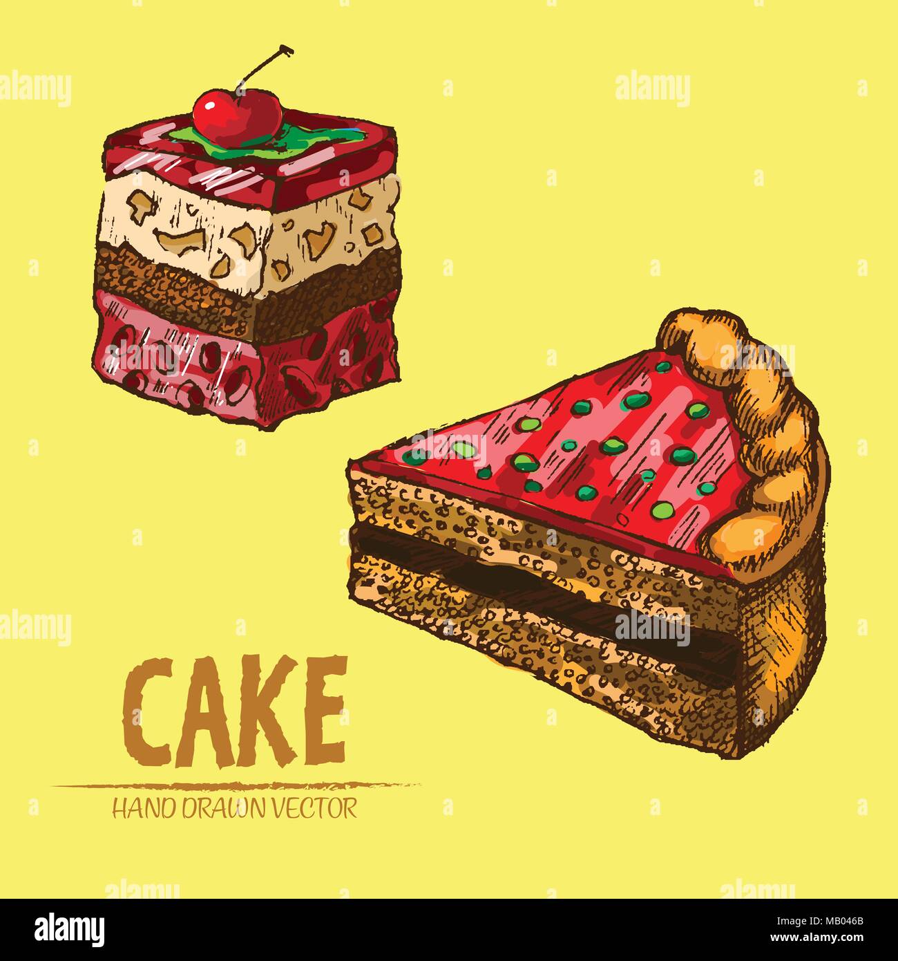 Digital vector detailed line art cake slices with fruits hand drawn ...