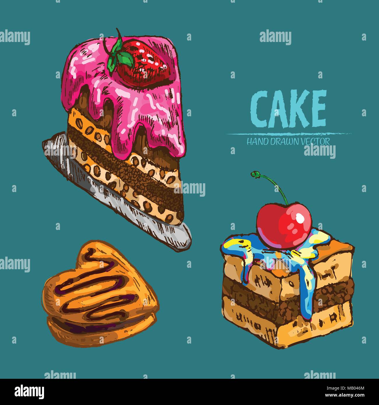 Digital vector detailed line art cake slices with fruits hand drawn ...