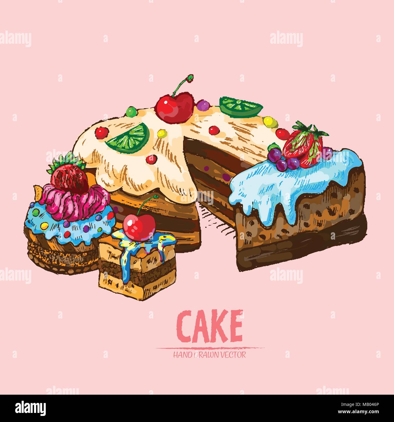 Digital vector detailed line art sliced cake with fruits hand drawn ...