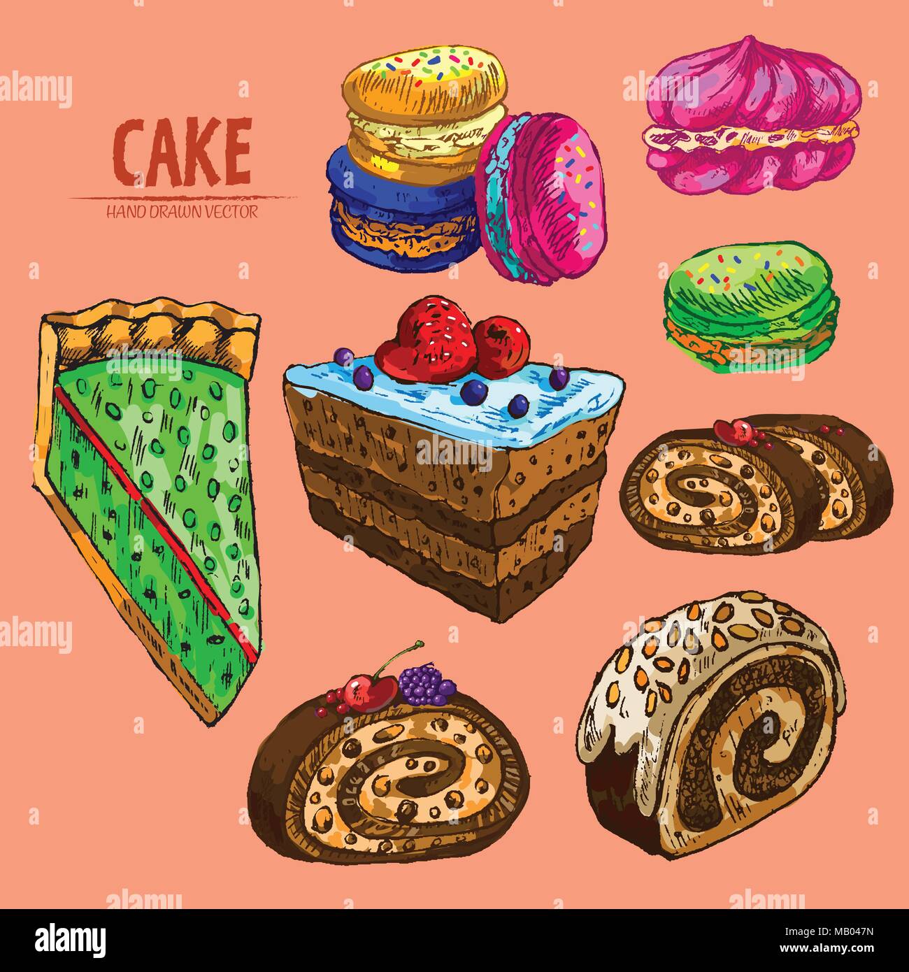 Digital vector detailed line art cake and roll slices with fruits hand ...