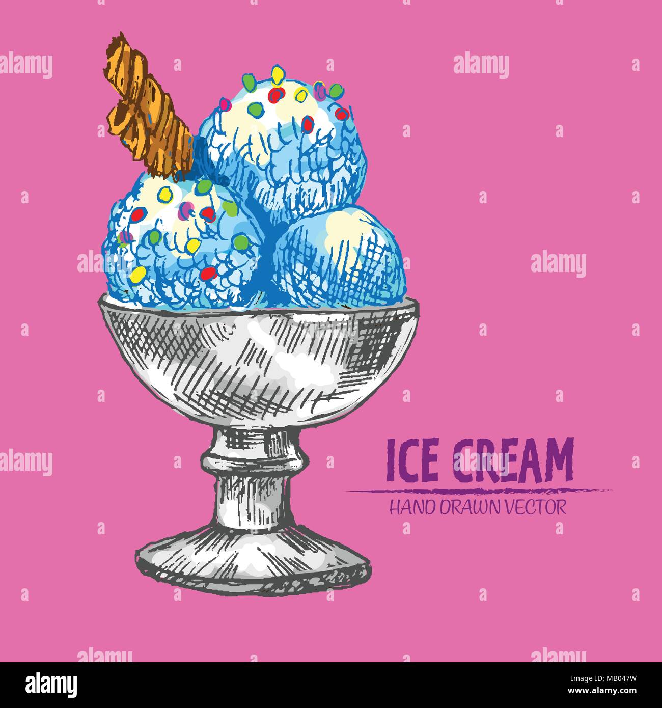 Digital vector detailed line art sundae ice cream in glass bowl hand ...