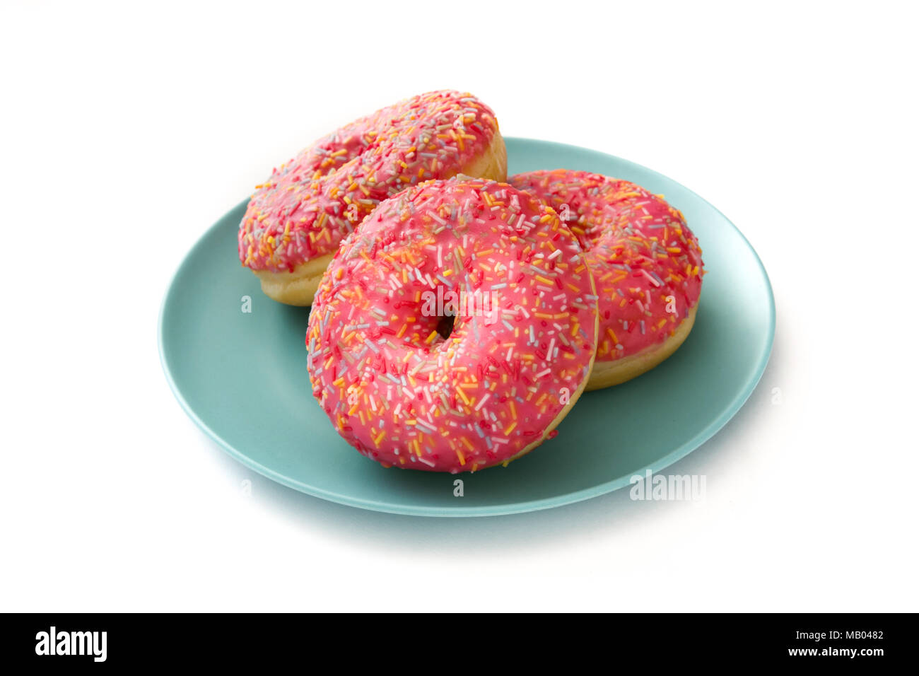 Pink frosted donut with colorful sprinkles. Isolated on white ...