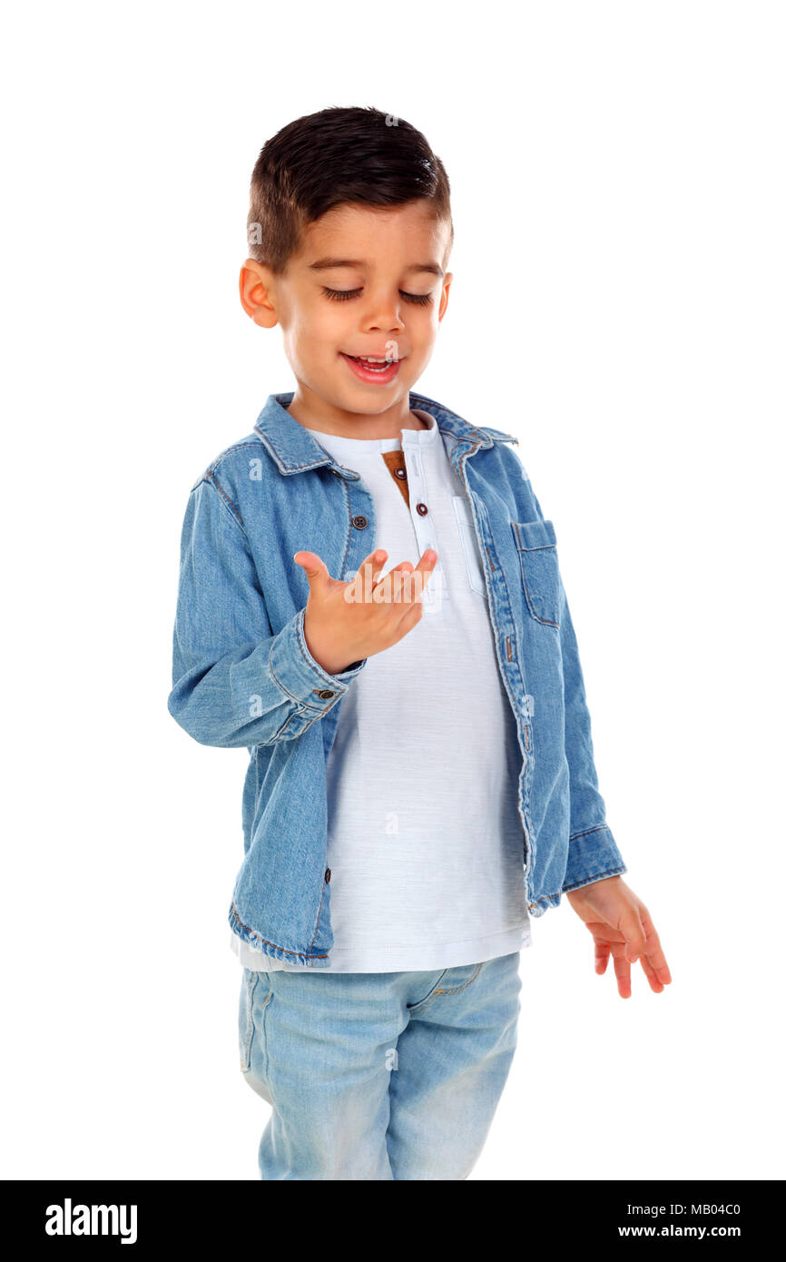 Smiling child counting his fingers isolated on a white background Stock ...