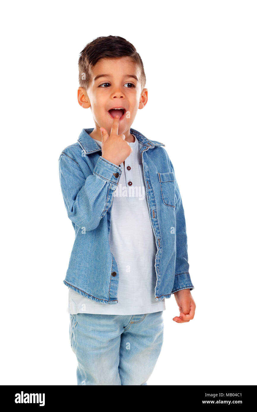 Doubtful child with denim shirt isolated on a white background Stock ...