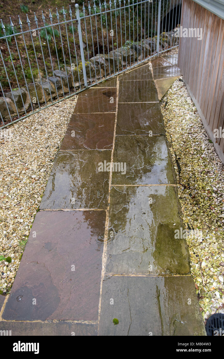 Wet stone path with reflections from rainfall, bordered by gravel and ...
