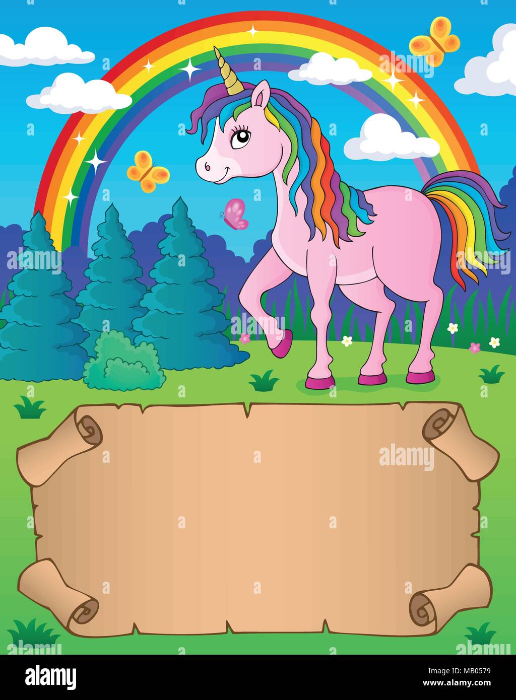 Small parchment and happy unicorn - eps10 vector illustration Stock ...