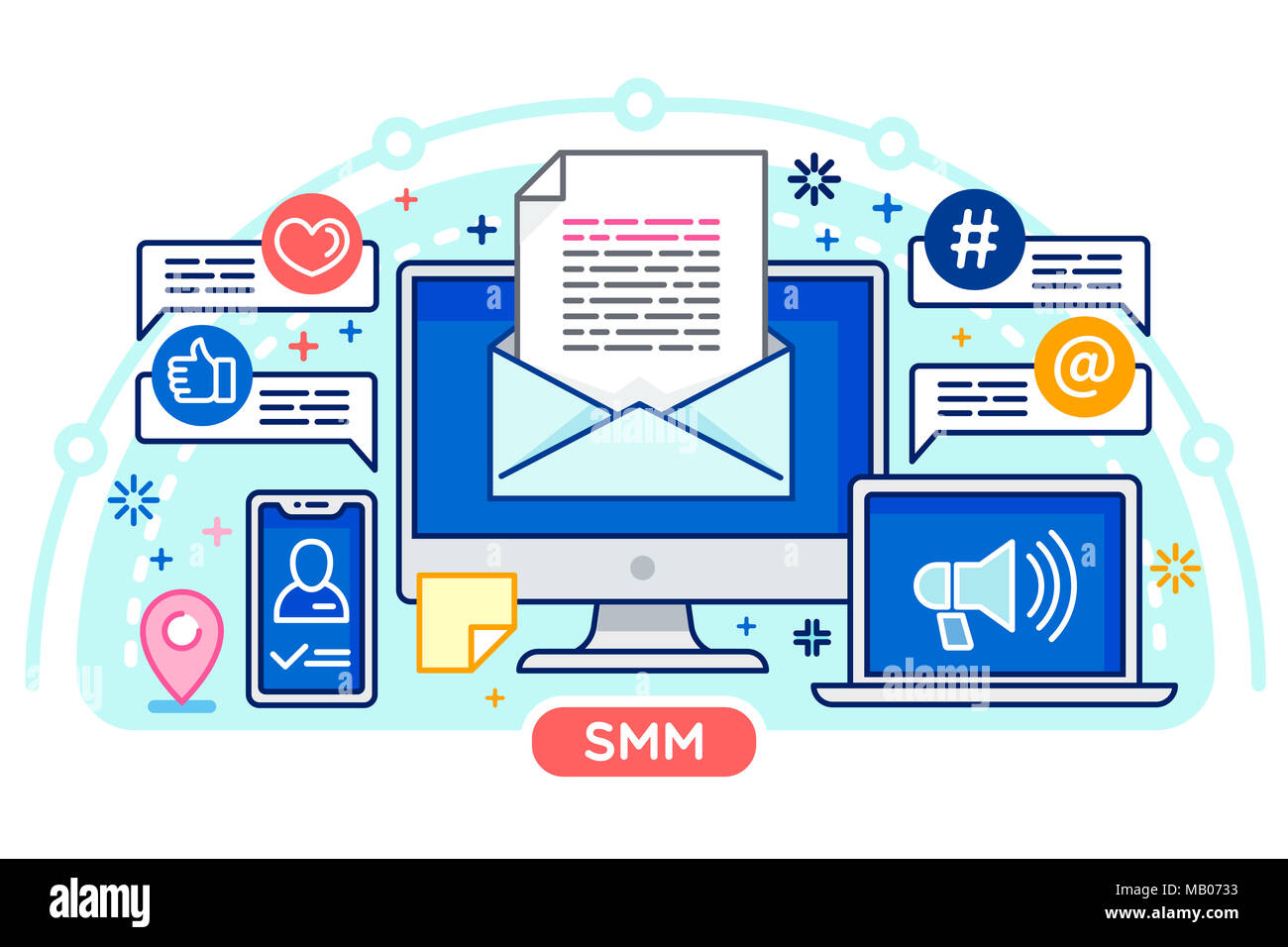 Vector outline illustration in line flat style. Social Media Marketing ...
