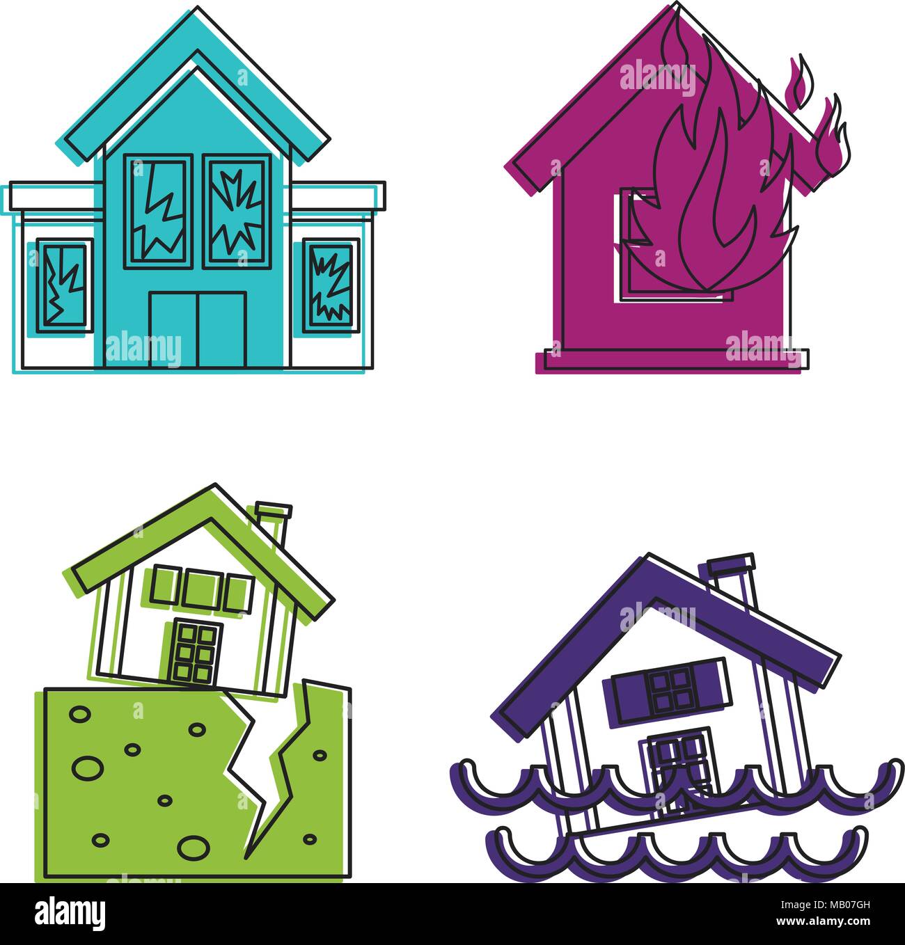 Destroyed house icon set, color outline style Stock Vector Image & Art ...