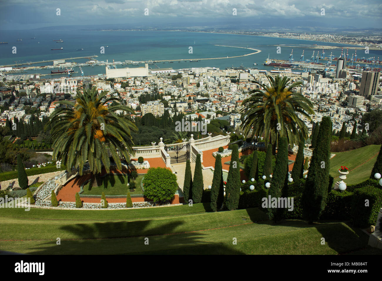 View from the top on the Bahai Gardens and Haifa City. Park alley in ...