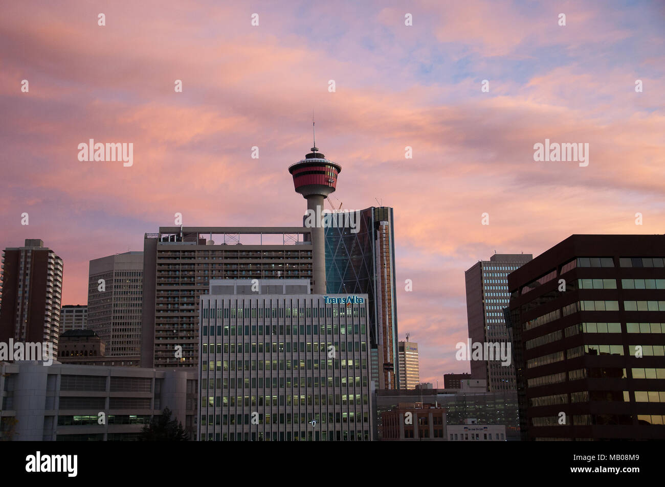 Calgary Tower and TransAlta Building at sunrise Stock Photo - Alamy