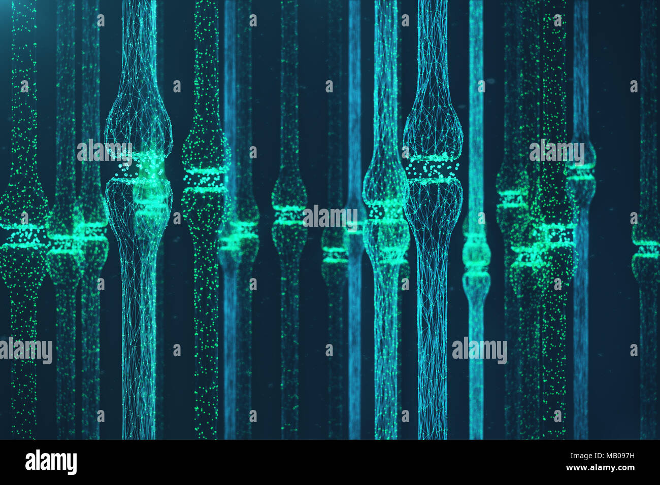 3D rendering blue glowing synapse. Artificial neuron in concept of artificial intelligence ...