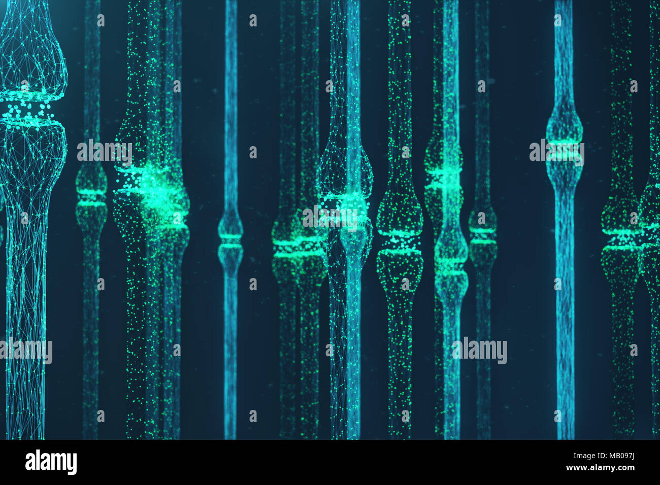 3D rendering blue glowing synapse. Artificial neuron in concept of ...