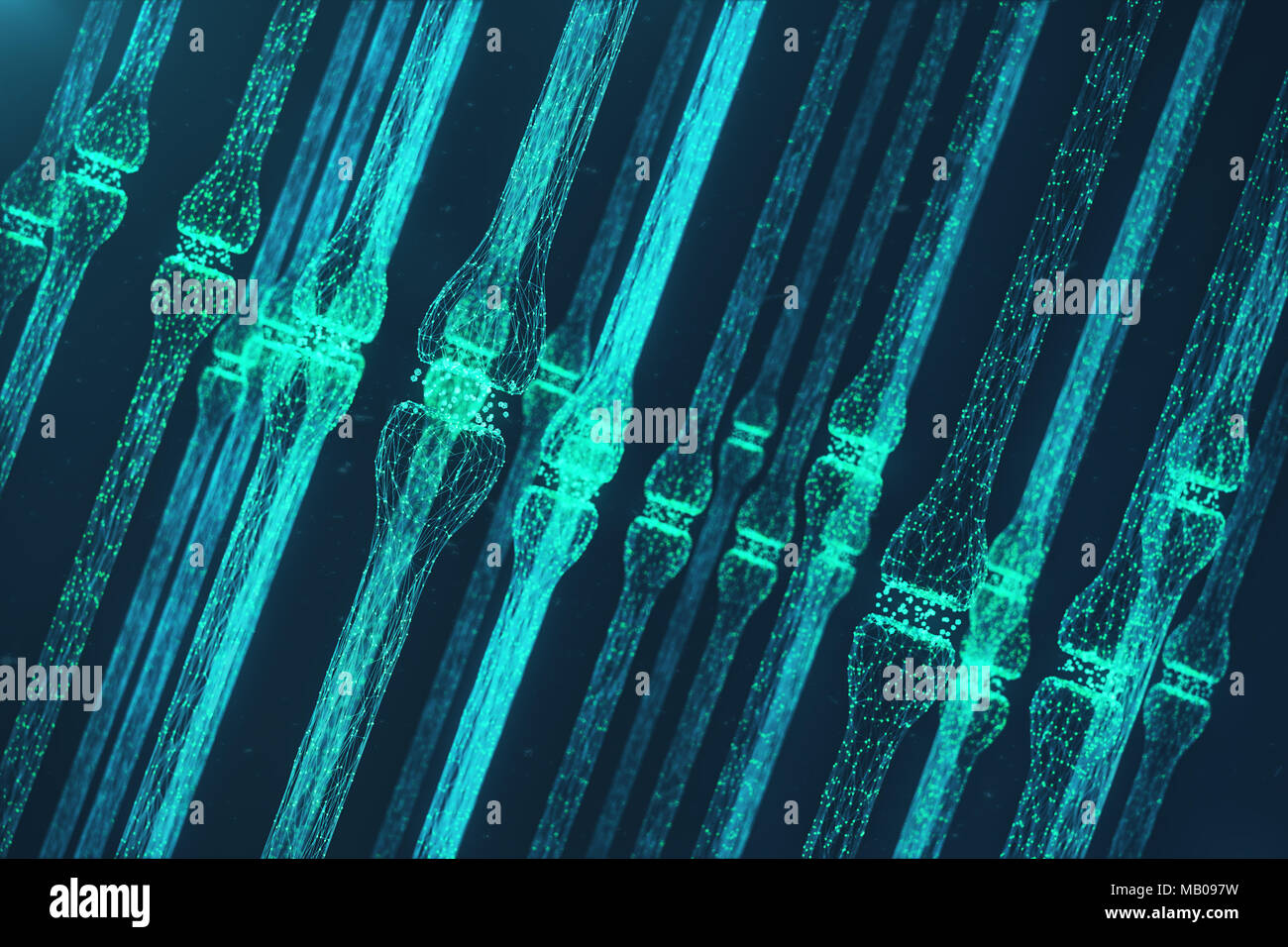 3D rendering blue glowing synapse. Artificial neuron in concept of artificial intelligence ...