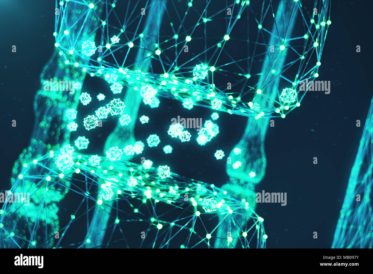 3D rendering blue glowing synapse. Artificial neuron in concept of artificial intelligence ...