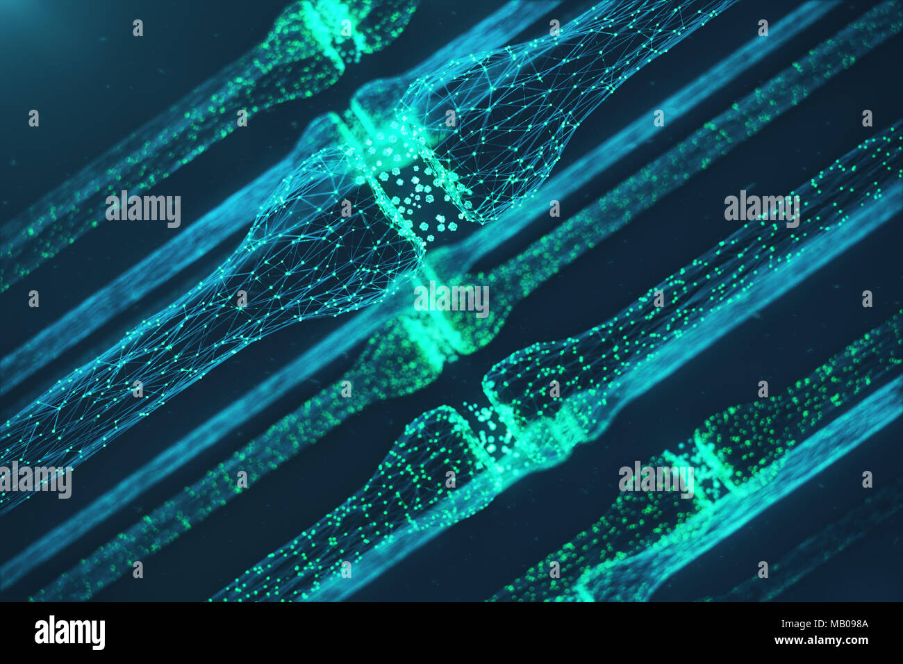 3D rendering blue glowing synapse. Artificial neuron in concept of artificial intelligence ...