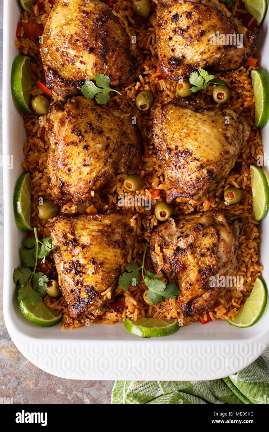 Arroz con Pollo, seared chicken with spanish rice and olives Stock ...