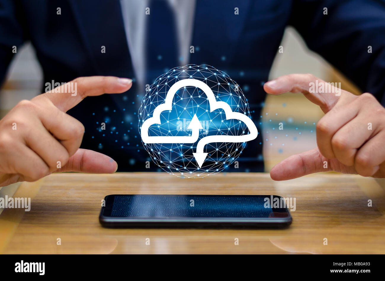 Hand Print Keyboard Phone Press Enter Button On The Computer Hand Businessman Connect Cloud