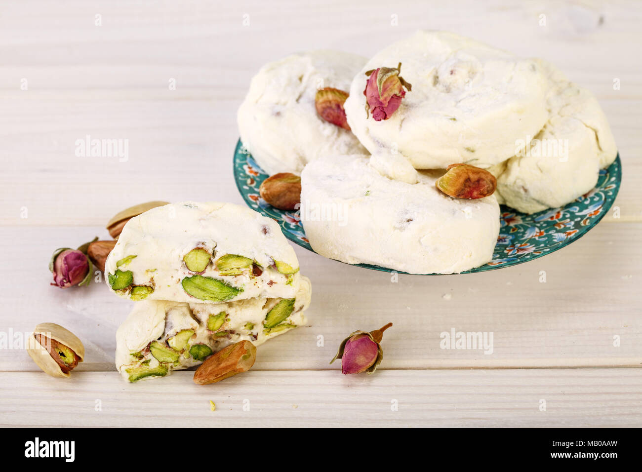 Close up Traditional Iranian and Persian pieces of white nougat dessert ...