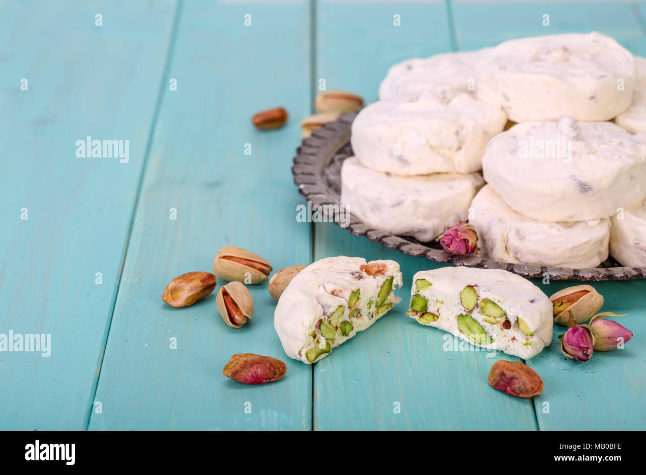 Close up of Traditional Iranian and Persian pieces of white nougat ...