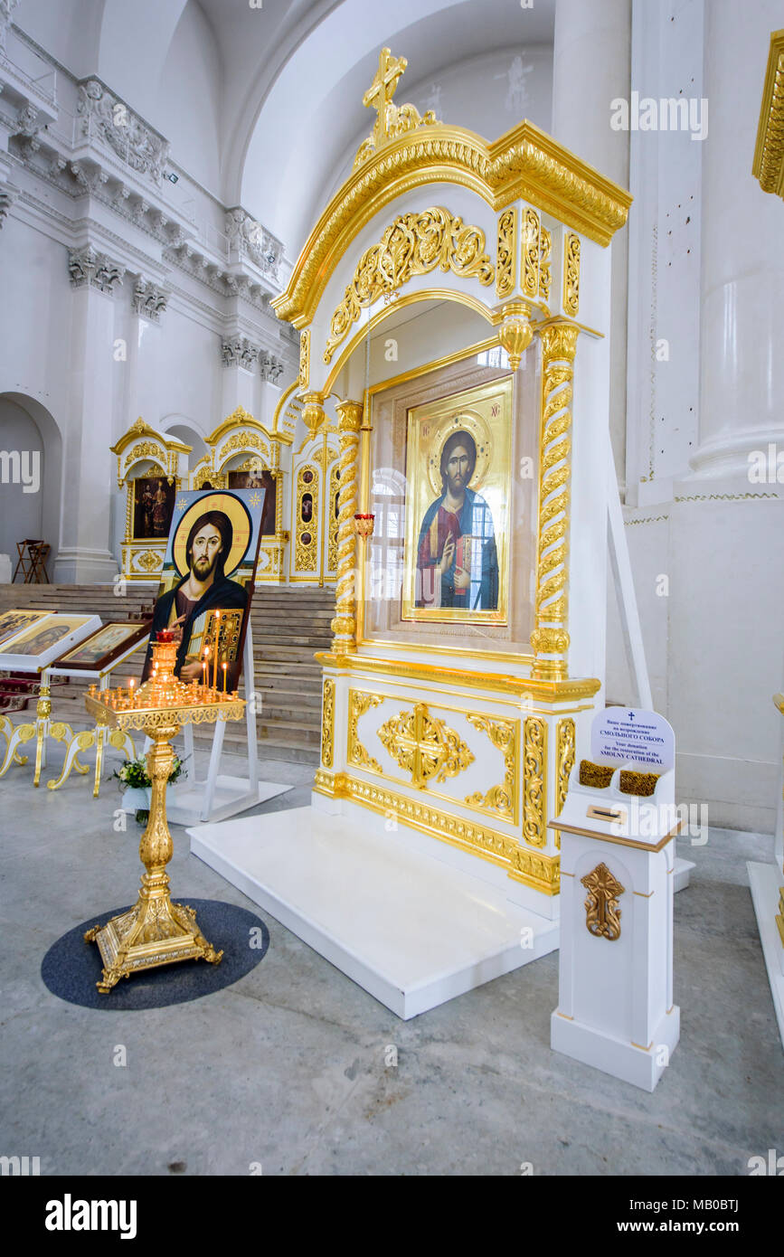 Icon in the interior of Smolny Cathedral, St. Petersburg, Russia ...
