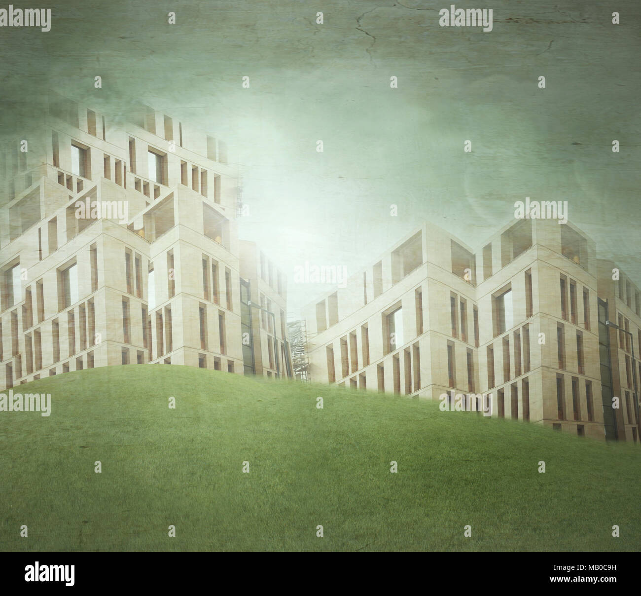 Illustration of a several modern buildings in a surreal landscape Stock ...