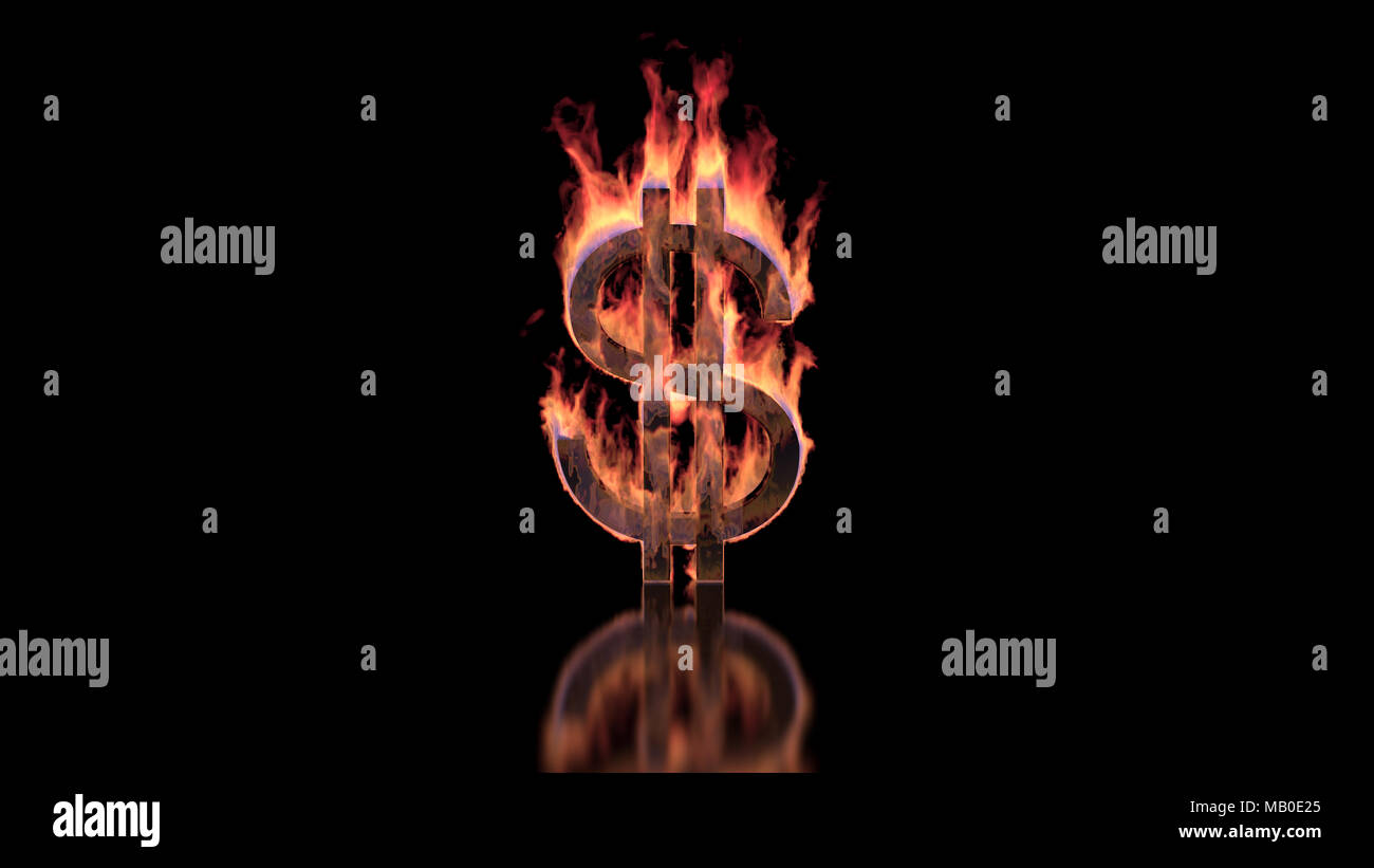 Dollar sign burning in flames on the glossy surface, financial ...