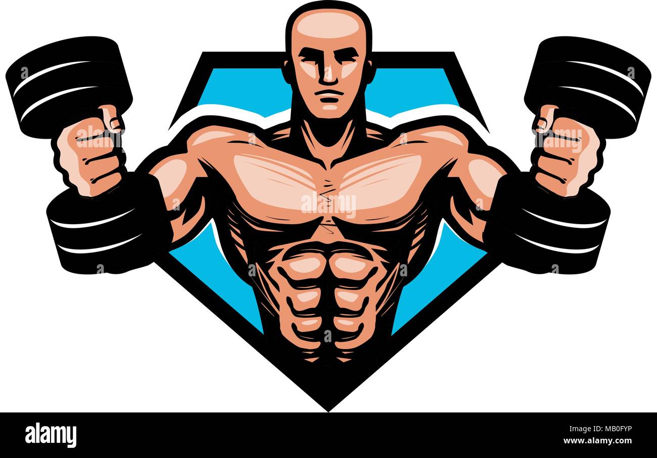 Gym, bodybuilding, sport logo or label. Muscular bodybuilder holding dumbbells in hands. Vector ...