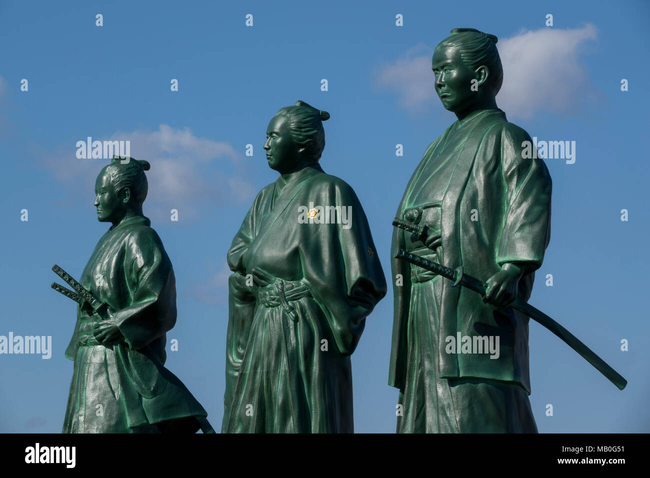 Statues of samurai Sakamoto Ryoma, Takechi Hapeita, and Nakaoka Shintaro, near Kochi Station in ...