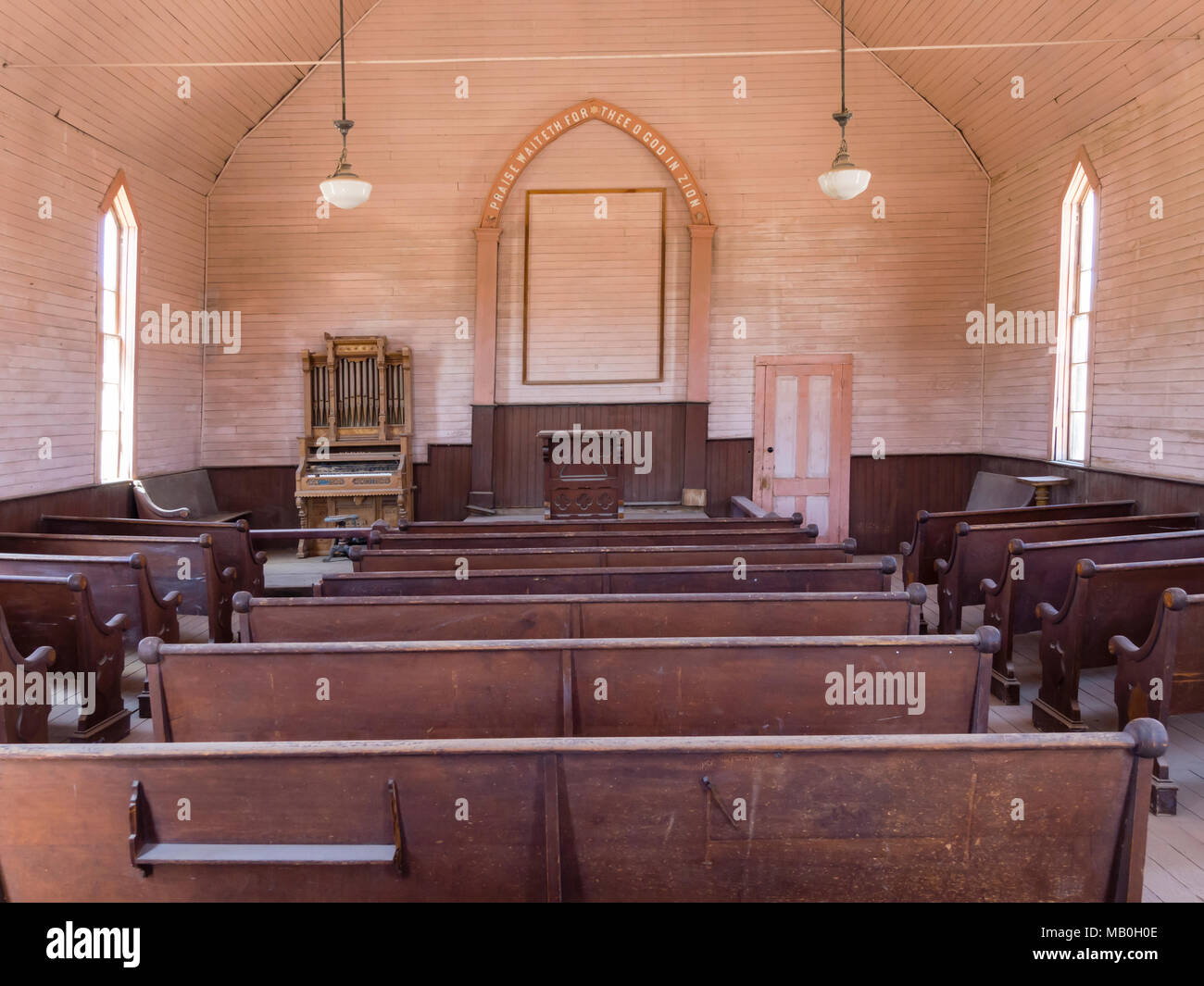 Look inside the abandoned, desolate former church of Bodie, at Bodie State Historic Park, a ...