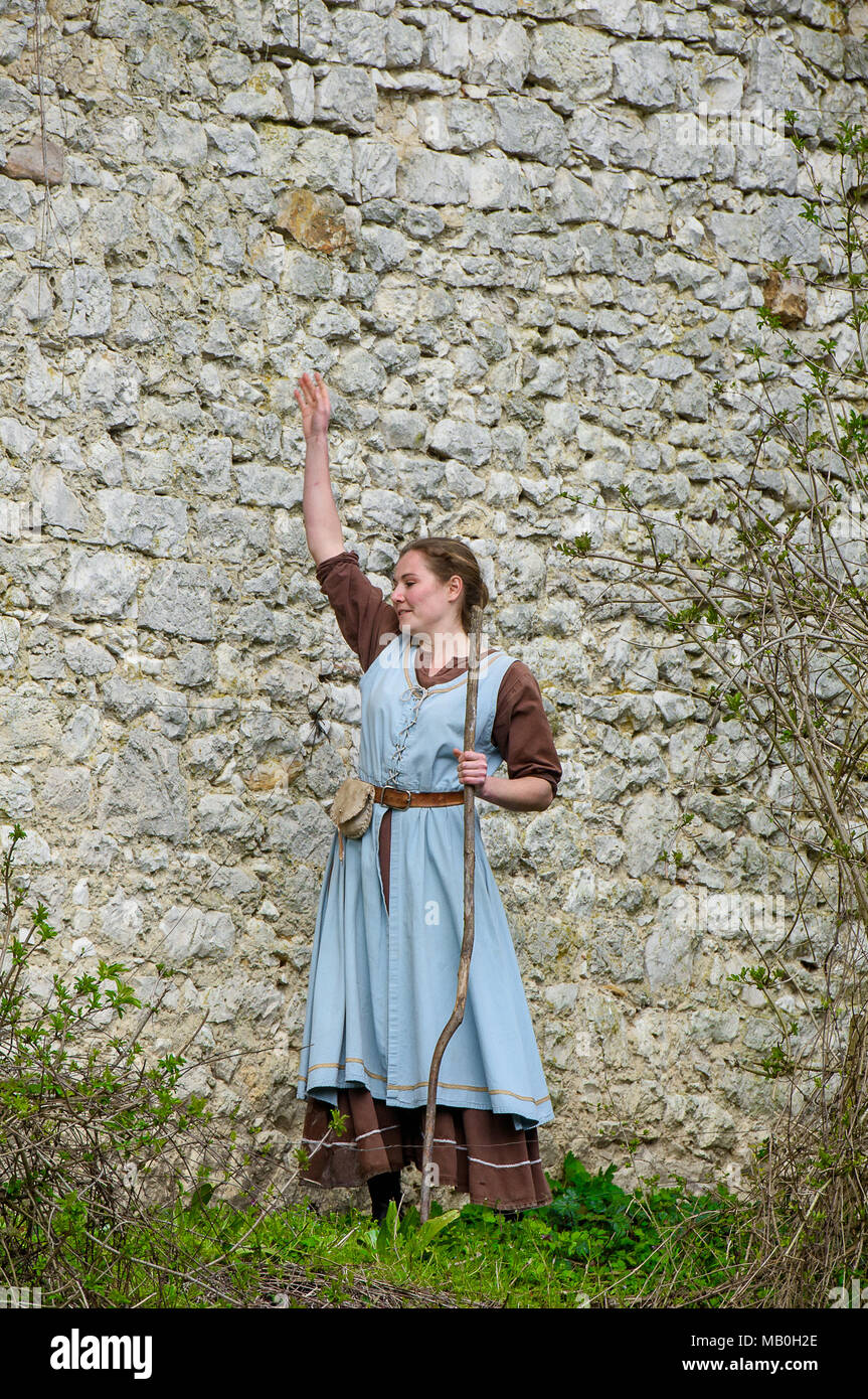 PROVINS, FRANCE - MARCH 31, 2018: Unidentified shepherdess in a blue ...
