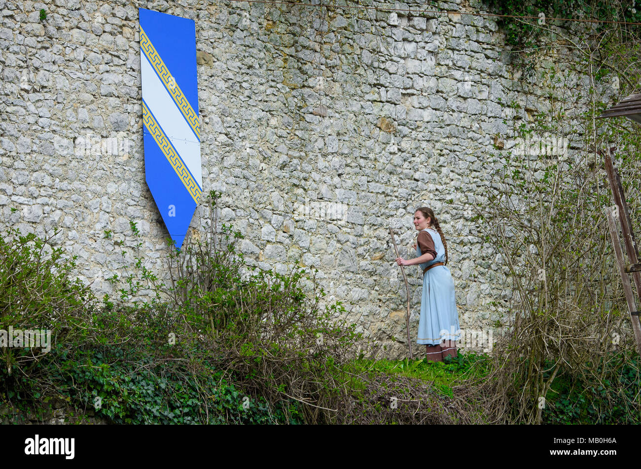 PROVINS, FRANCE - MARCH 31, 2018: Unidentified shepherdess in a blue ...